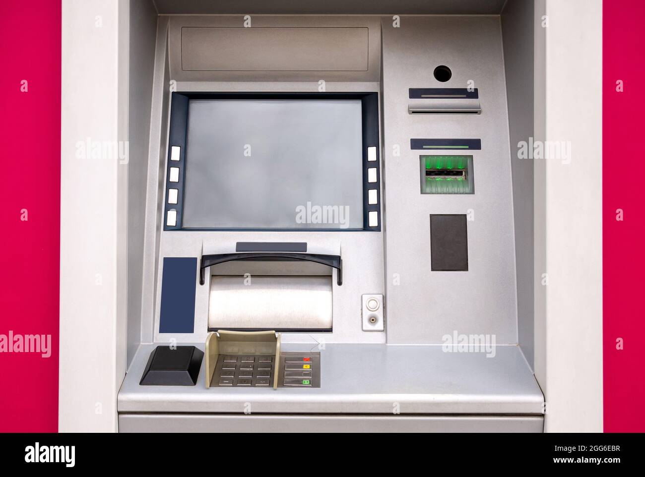 ATM, modern new cash machine frontal shot, front view, blank panel with ...