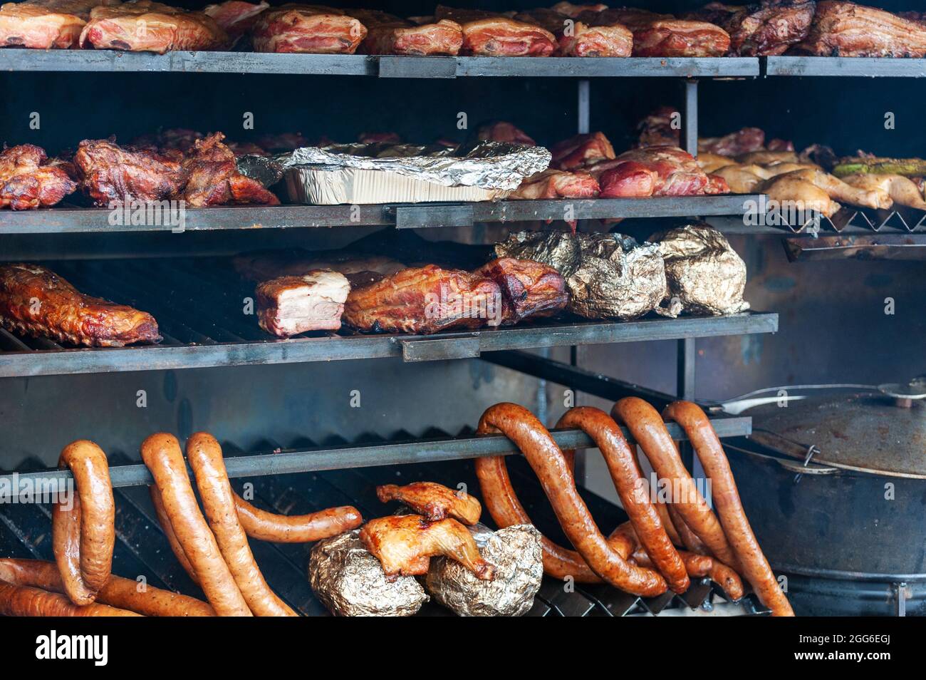 Meat, beef, pork and chicken at street restaurant night market Stock ...