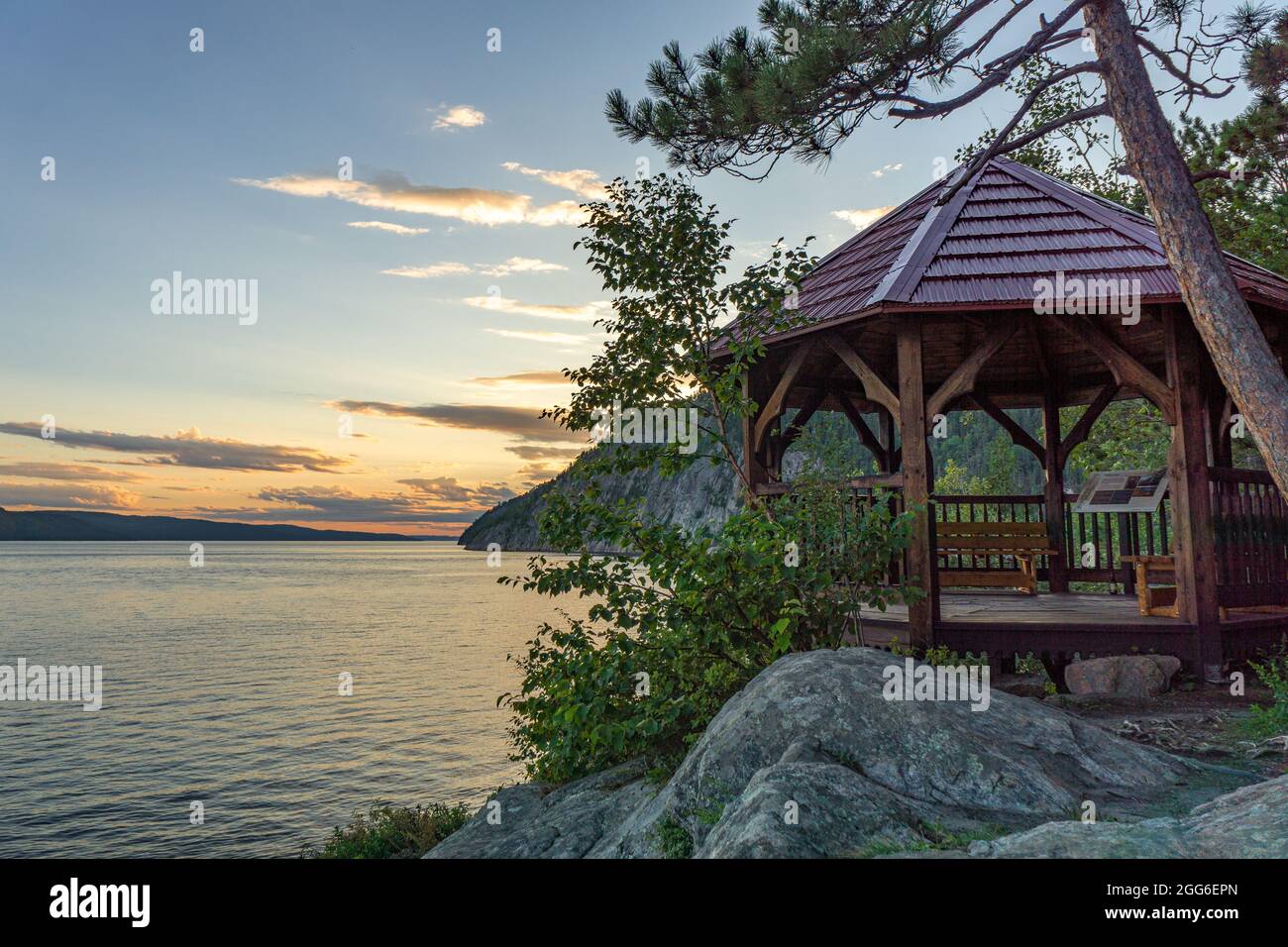 Sunset on the Saguenay Fjord from Sainte Rose du Nord, a small village ...