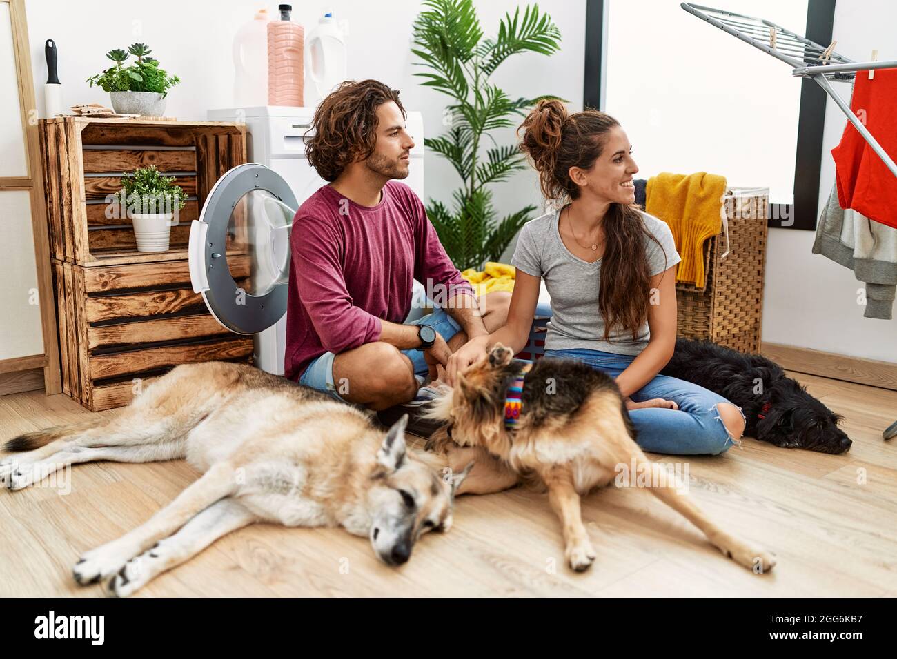 Young hispanic couple doing laundry with dogs looking to side, relax ...