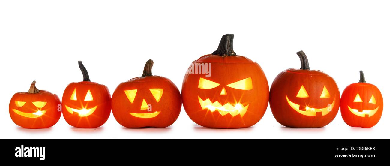Six Halloween Pumpkins in a row isolated on white background Stock ...