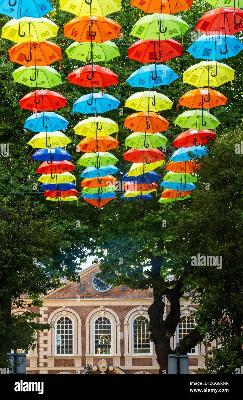 The Umbrella Project, 200 brightly colored umbrellas on Church Alley in ...
