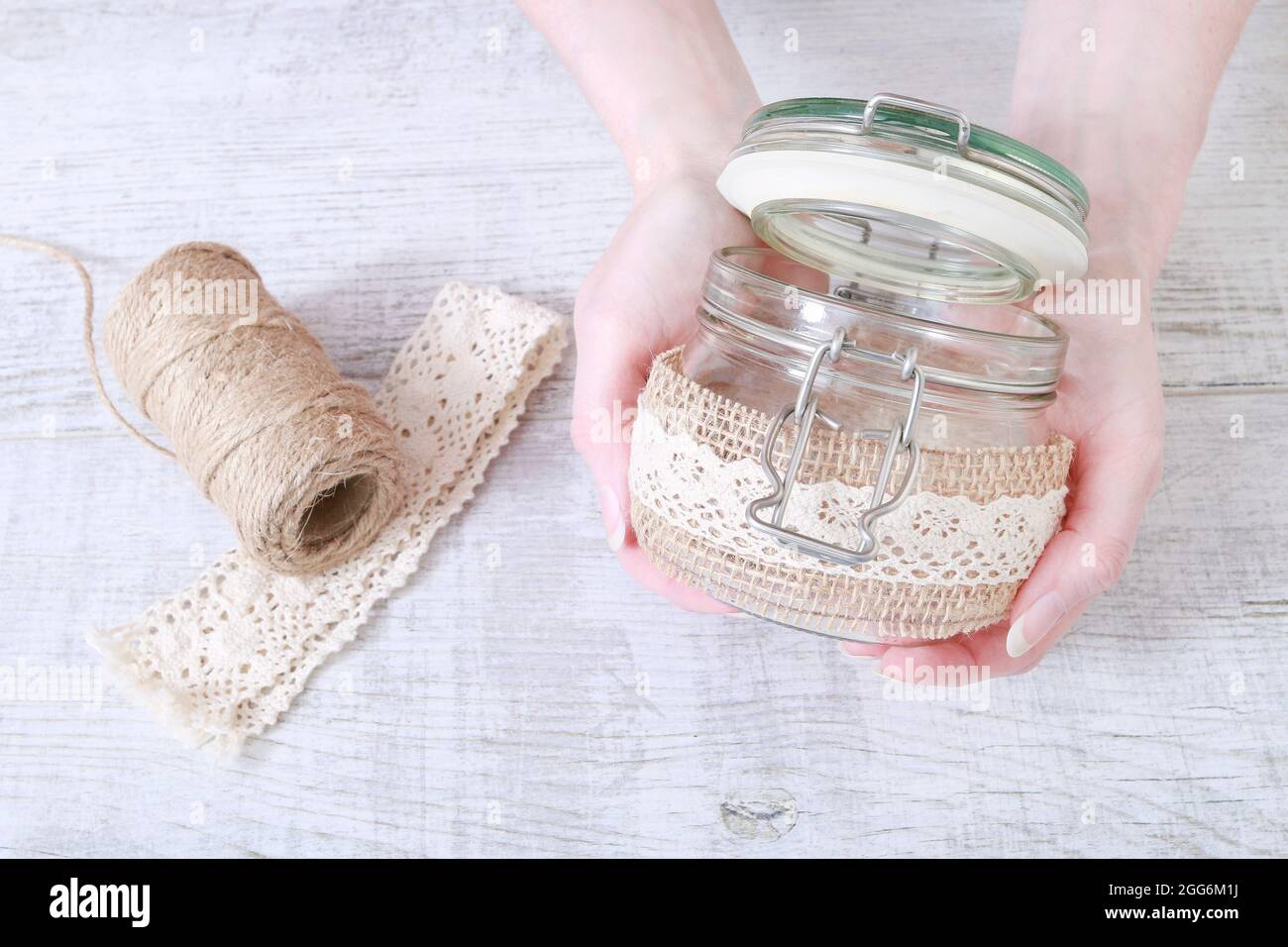 How to make glass jar decorated with lace and string. Step by step ...
