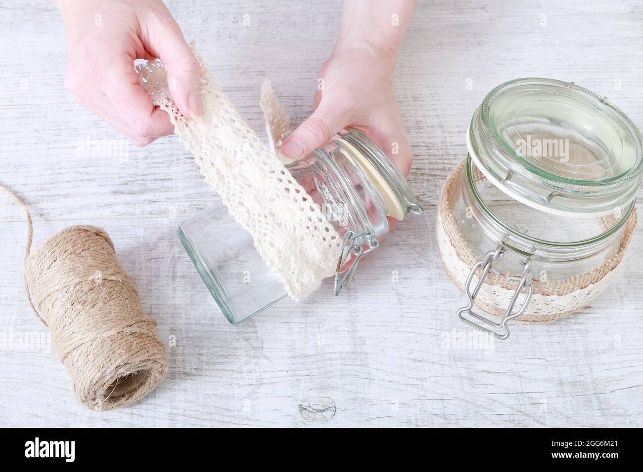How to make glass jar decorated with lace and string. Step by step ...
