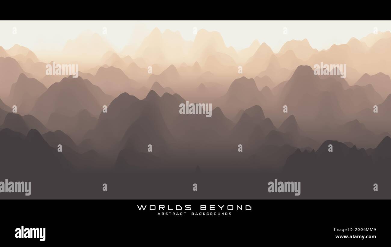 Abstract beige landscape with misty fog till horizon over mountain ...