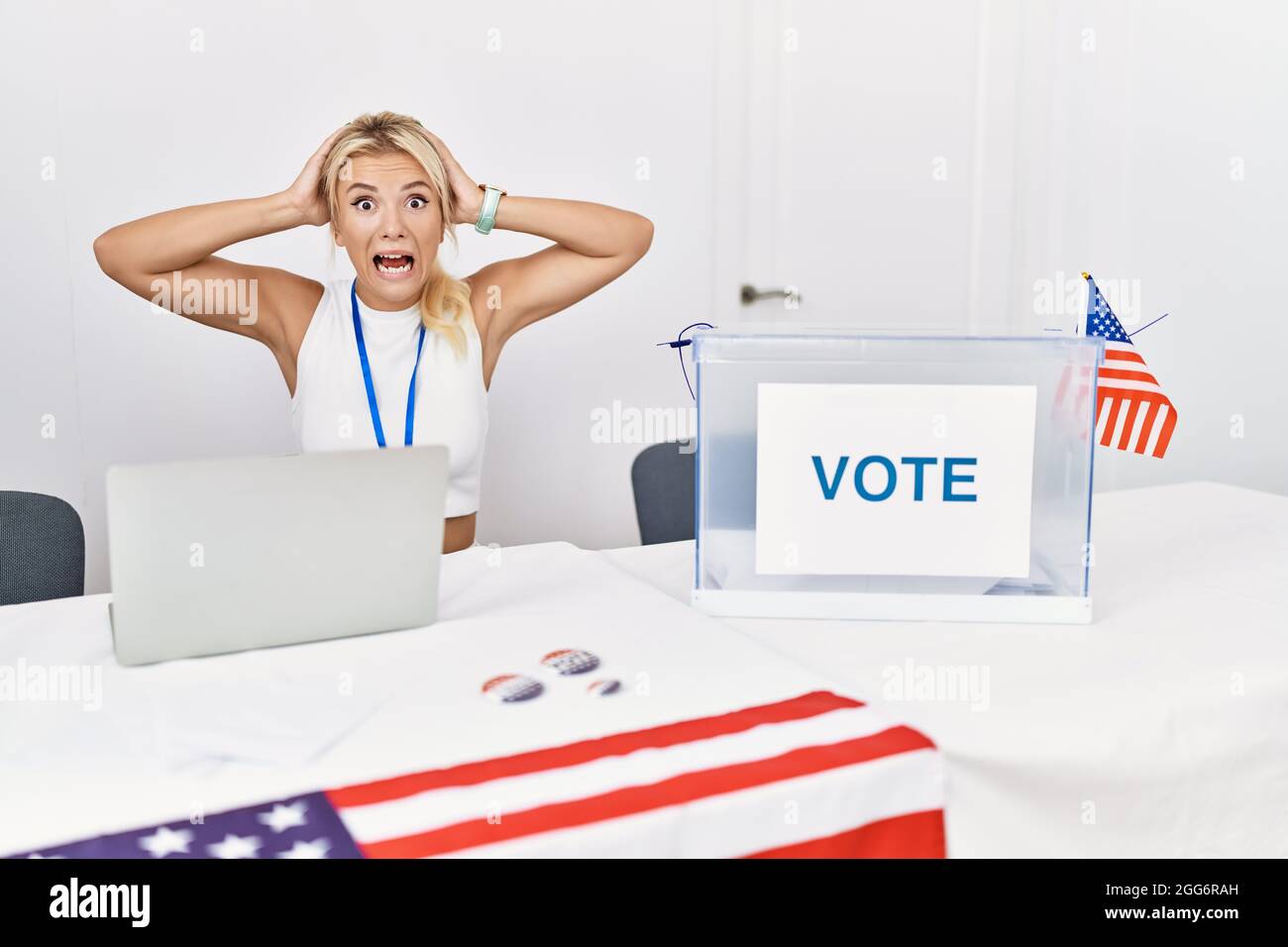 Young caucasian woman at america political campaign election crazy and ...