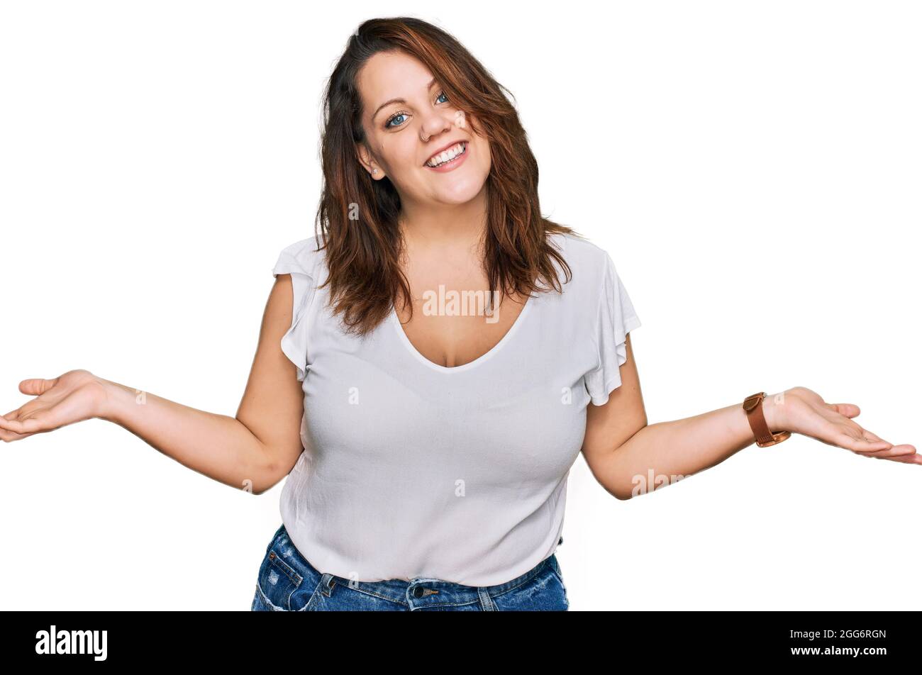 Fat woman showing hand palms hi-res stock photography and images - Alamy