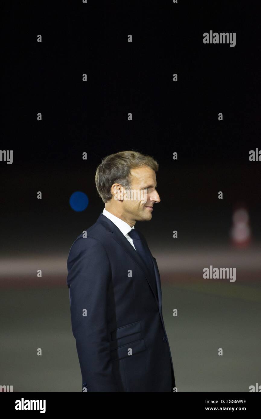 French president Emmanuel Macron walk during a welcoming ceremony at ...