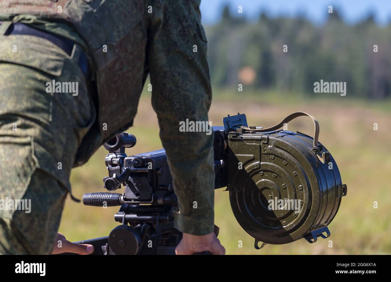 August 24, 2018, Ashukino, Moscow region, Russia: A soldier presses an AGS-17 grenade launcher ...