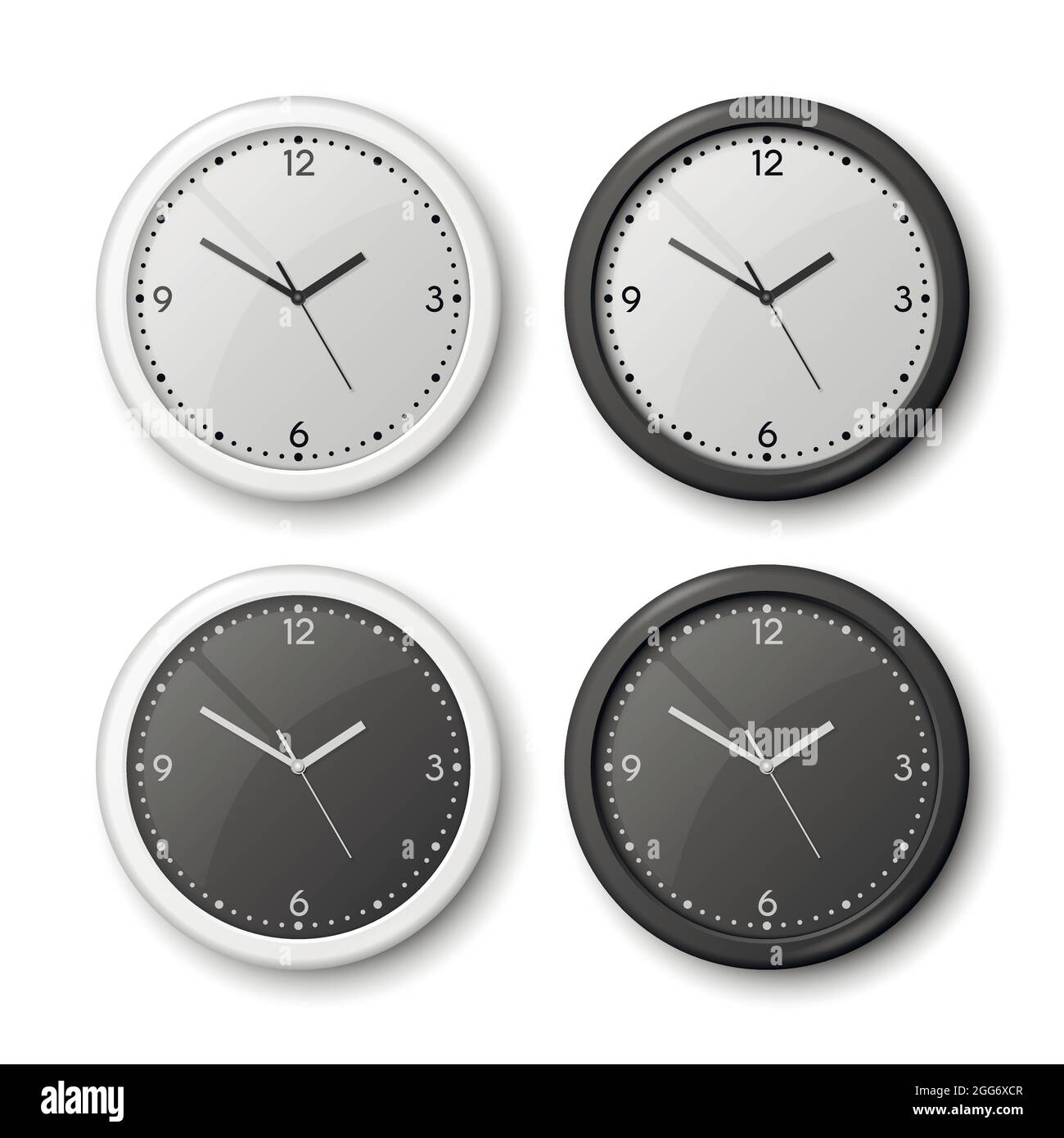 Vector 3d Realistic White, Black Wall Office Clock Icon Set Isolated ...