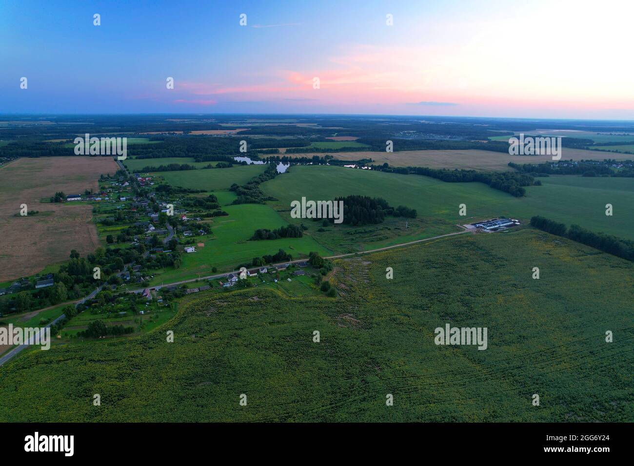 Aerial view of the forest and field on sunset. Drone view from above of ...