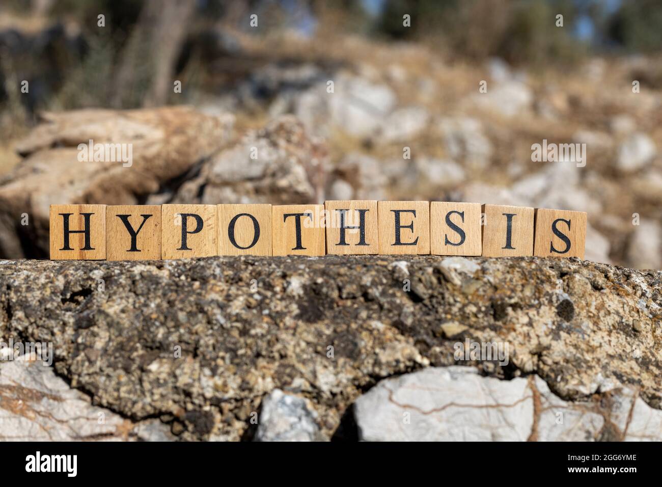 The word Hypothesis was created from wooden cubes. Photographed on the ...