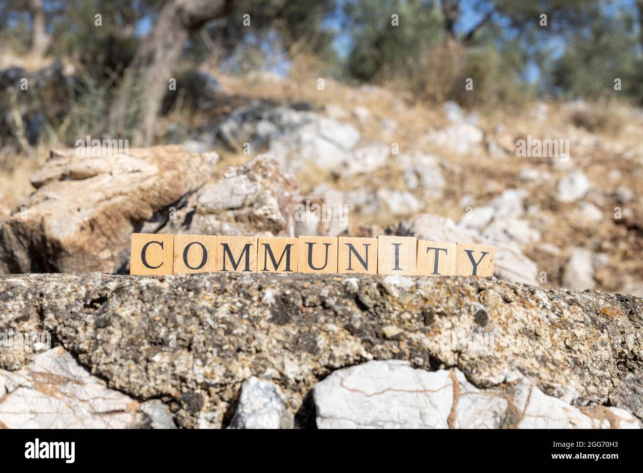 The word Community was created from wooden cubes. Photographed on the ...