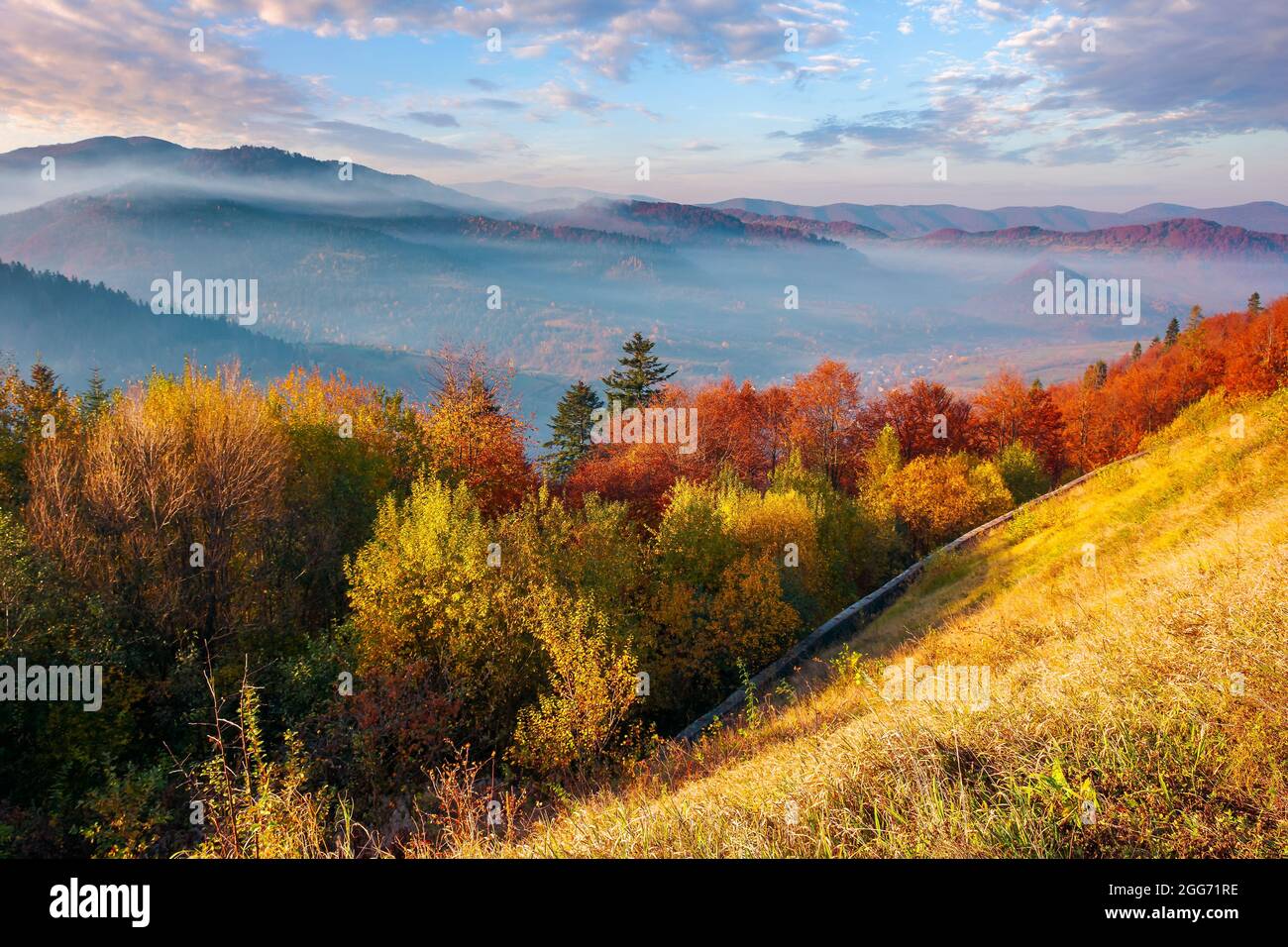 mountainous countryside in autumn at sunrise. wonderful sunny nature ...
