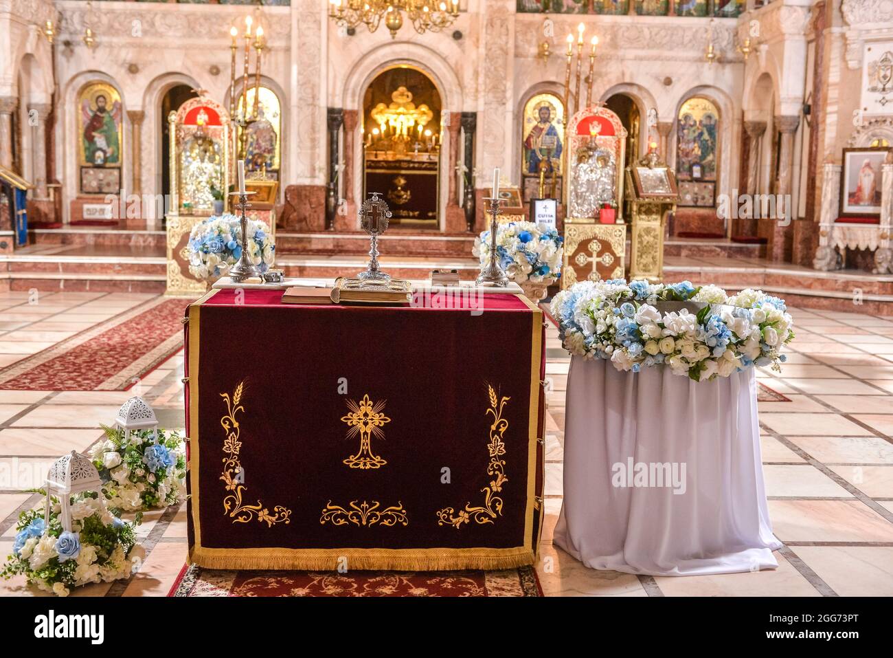 An interior view of the church decorated for the wedding ceremony Stock ...