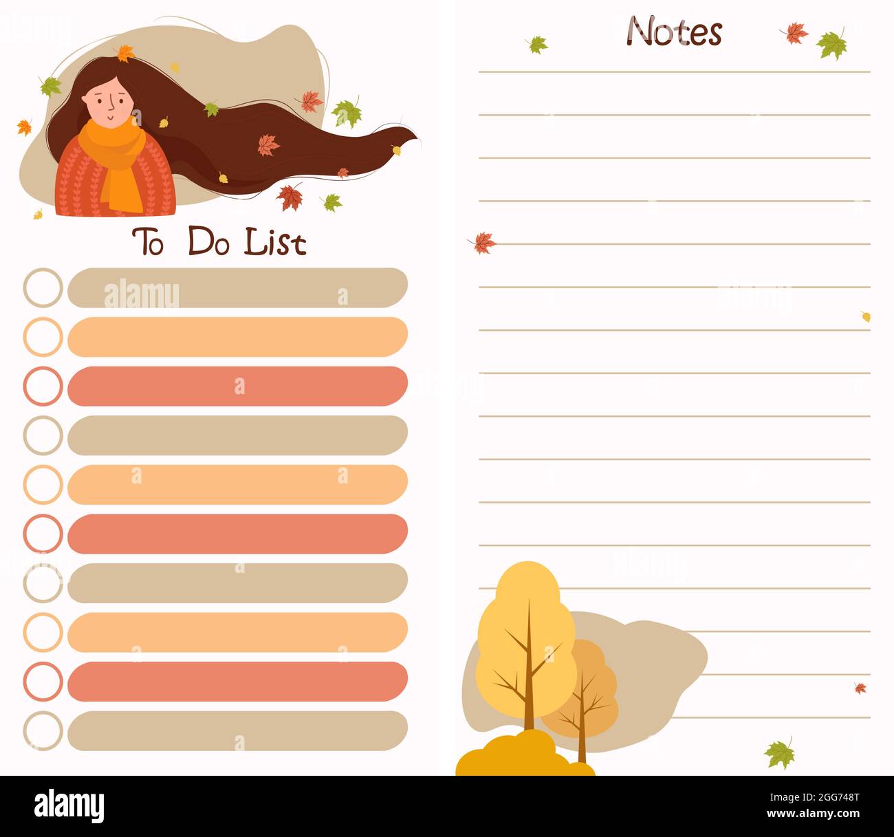 collection To do list. Fall affairs planner. girl with flowing hair and ...