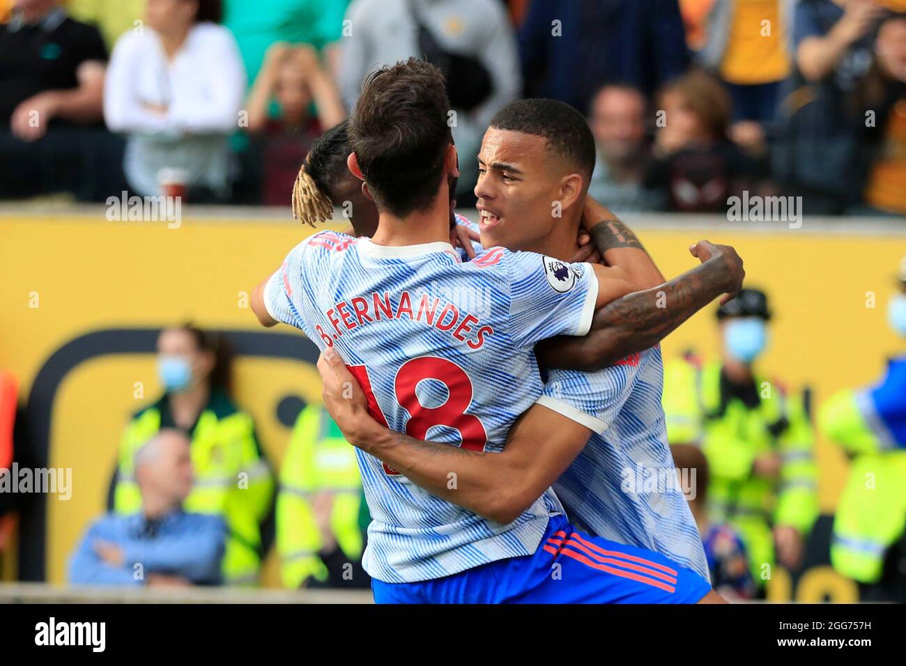 Wolverhampton, UK. 29th Aug, 2021. CELEBRATION Mason Greenwood #11 of ...