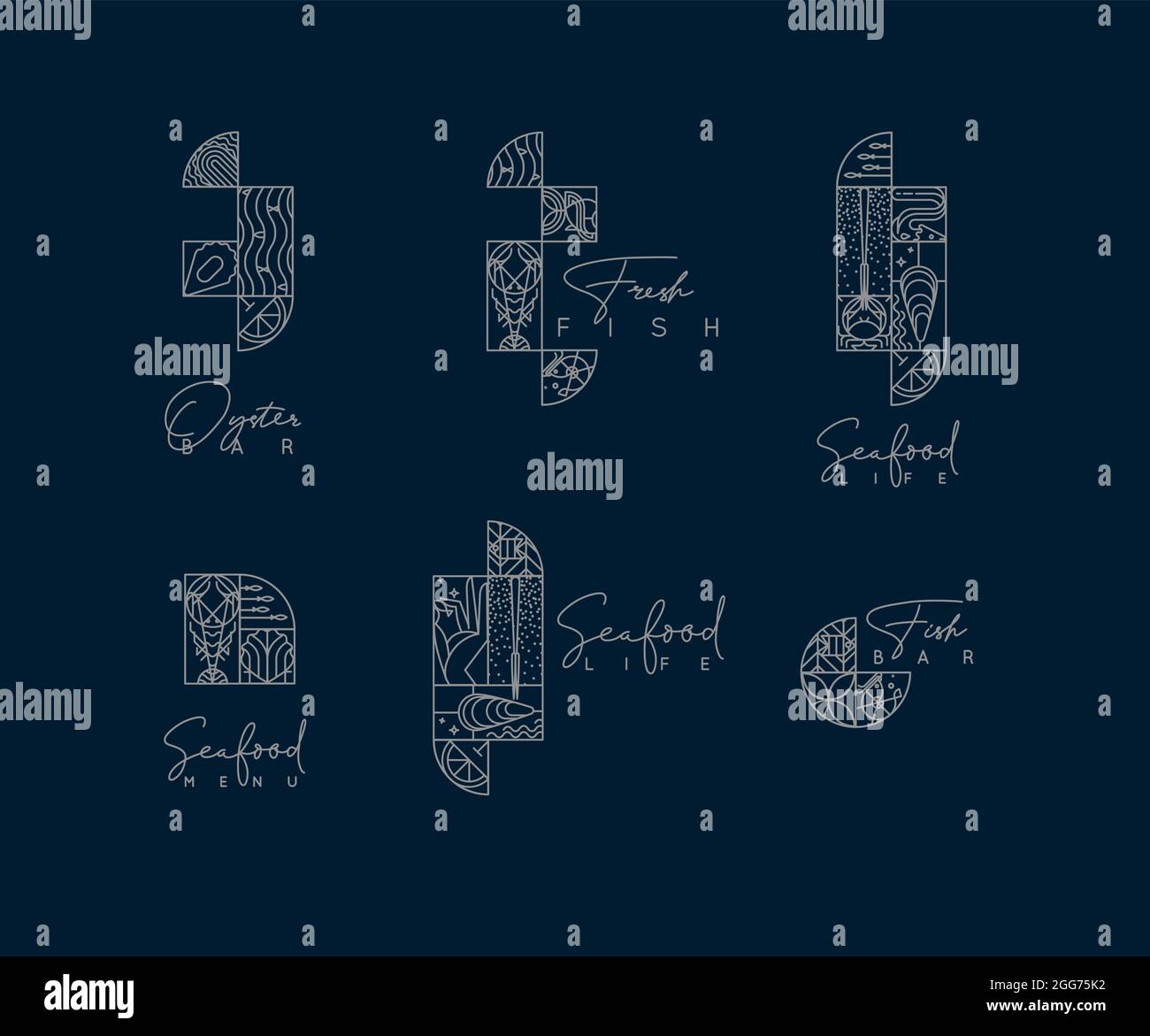 Set of creative modern art deco seafood labels in flat line style ...