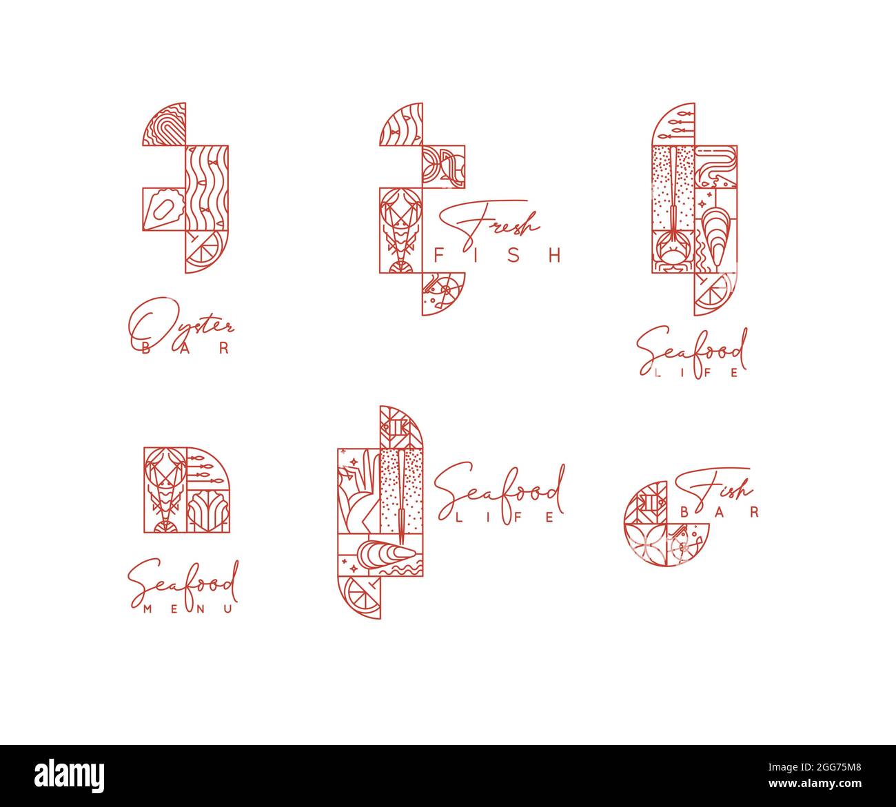 Set of creative modern art deco seafood labels in flat line style ...