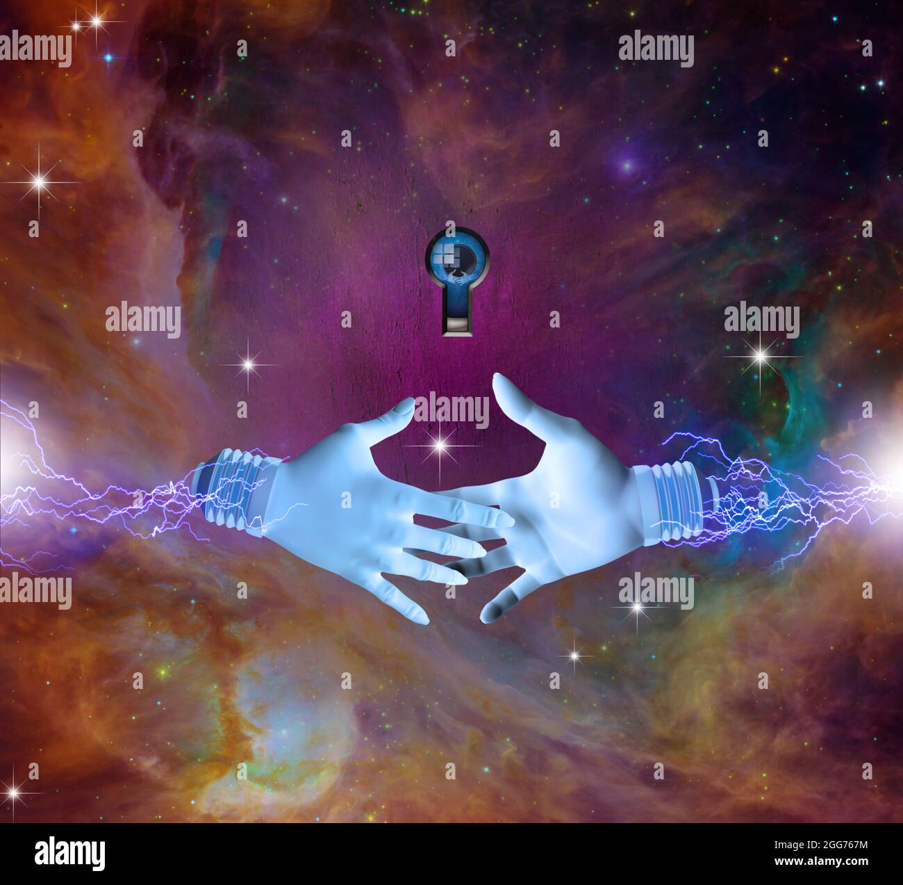 Electric hands reaching out toward one another. 3D rendering Stock ...