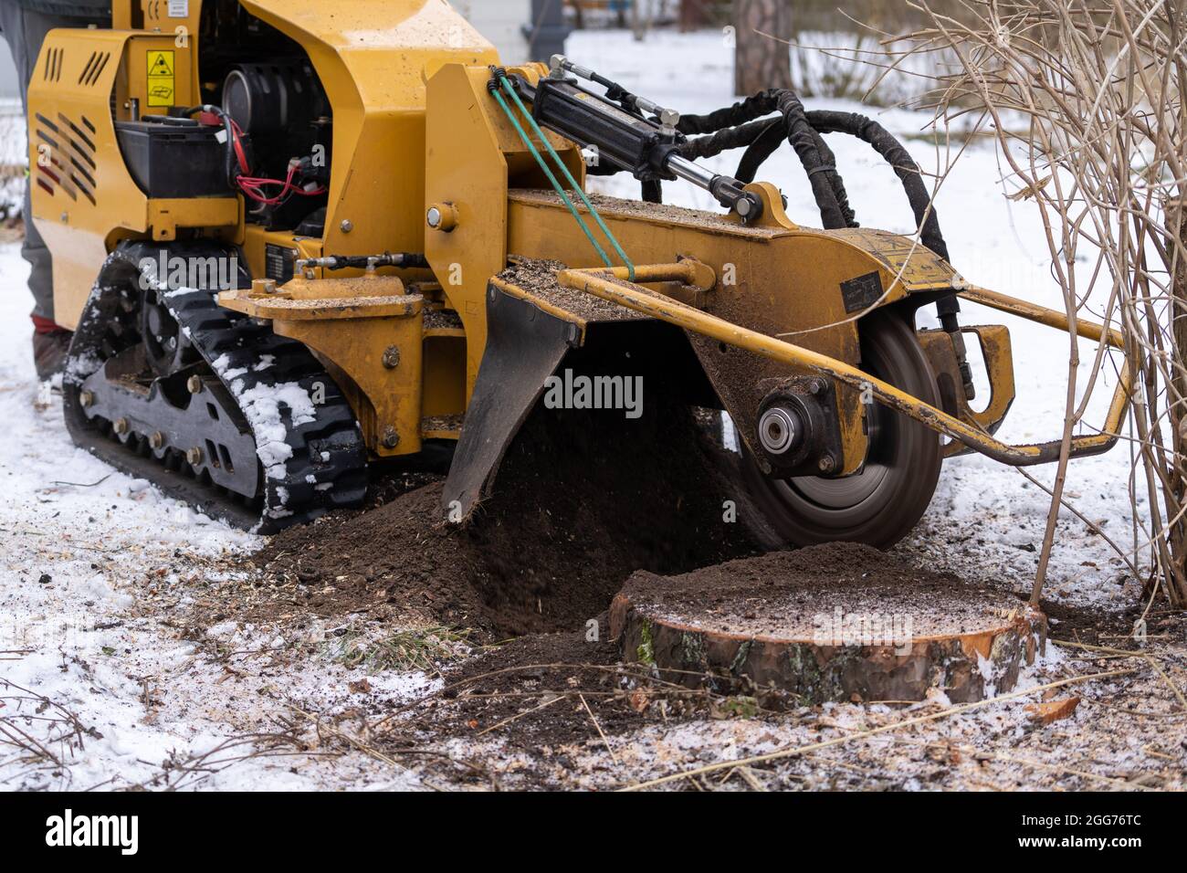 Stump grinding with a view from the right where the cutting disc is ...