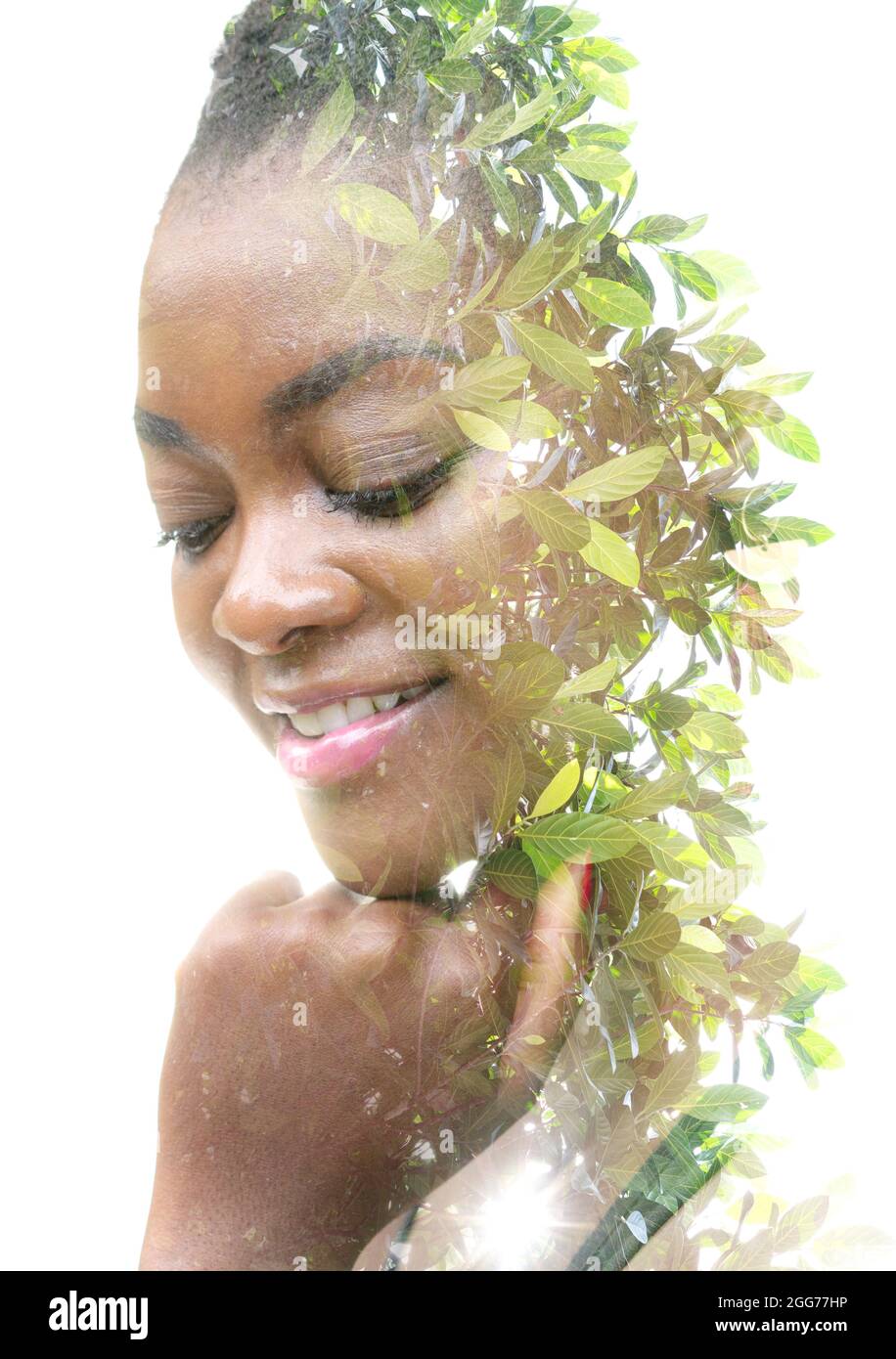 Merging with nature. Double exposure portrait of an African American ...