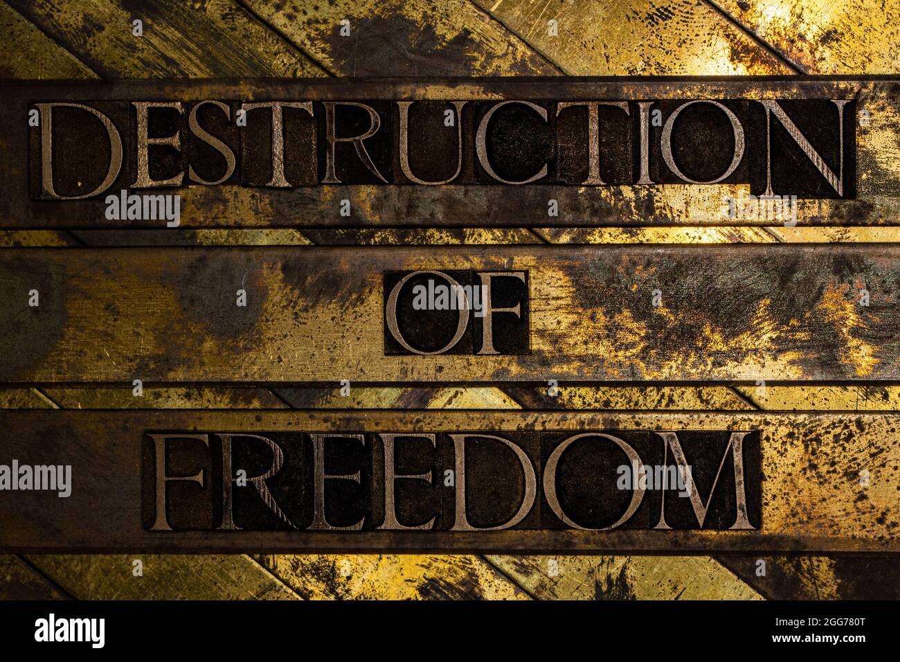 Destruction of Freedom text on vintage textured silver grunge copper ...