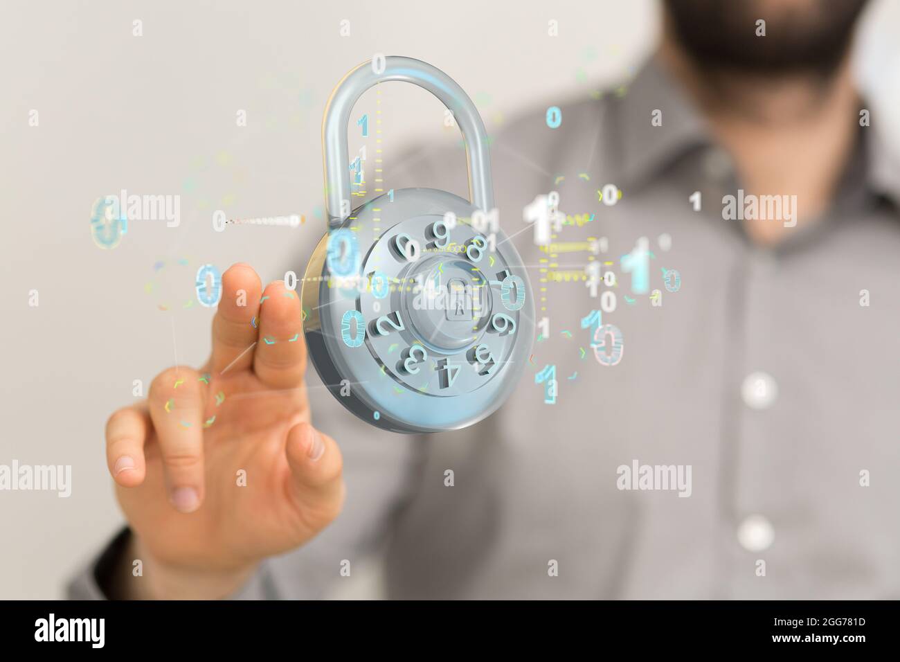 A finger touching a digital concept of security with floating padlock and binary code Stock ...