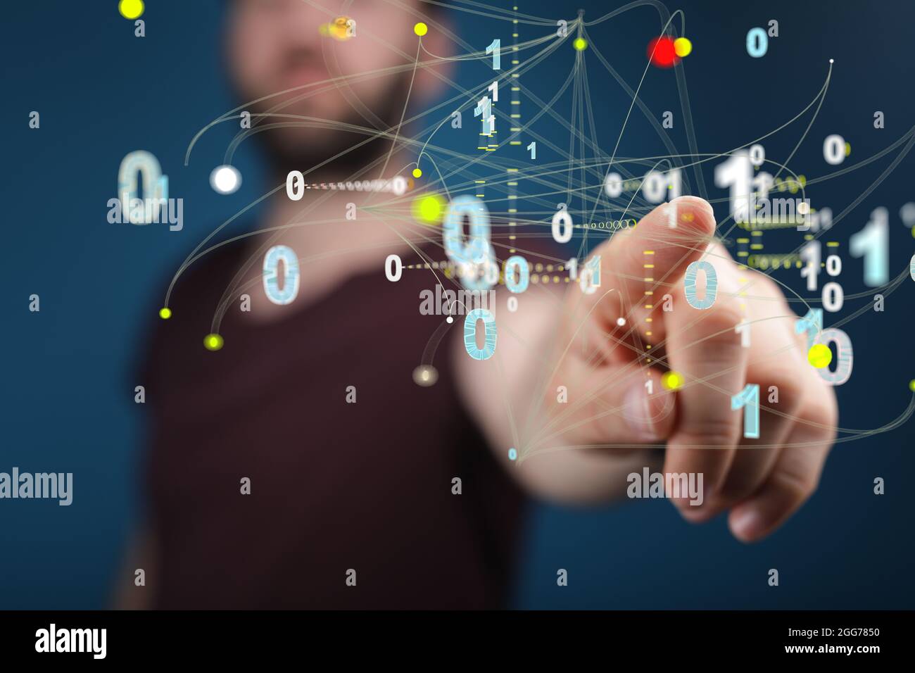 A finger touching a digital illustration of binary code Stock Photo - Alamy