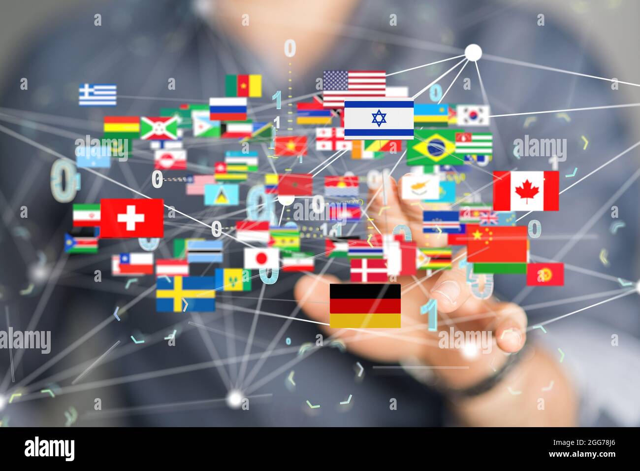 A finger touching a digital illustration of floating flags Stock Photo ...