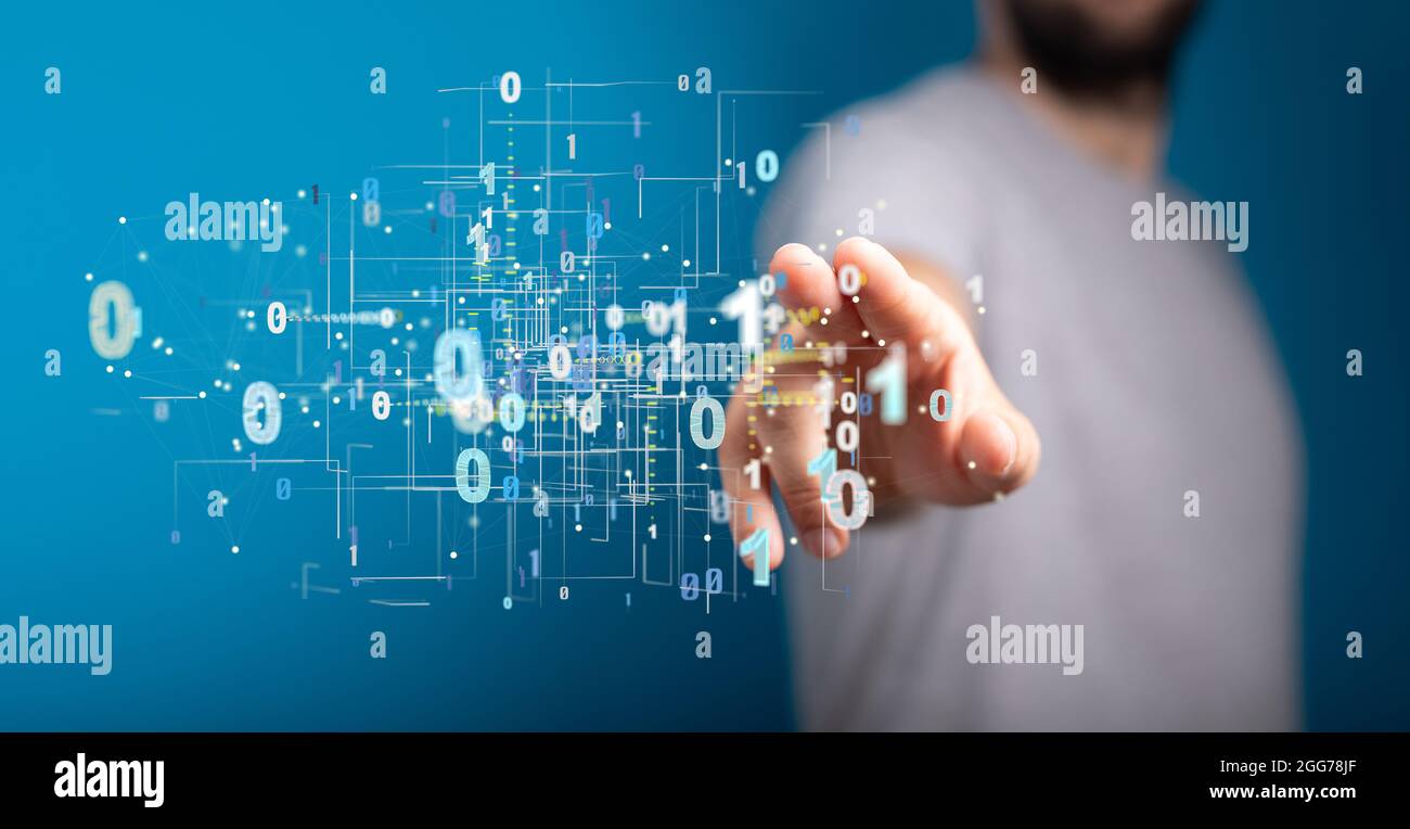 A finger touching a digital illustration of binary code Stock Photo - Alamy