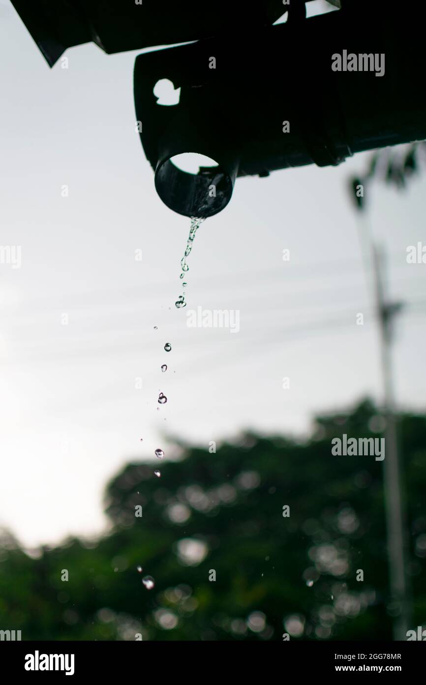 Rain water dropping from the drain pipe also known as drain spout ...