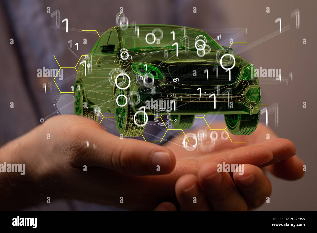 A digital illustration of car and binary code in hands Stock Photo - Alamy