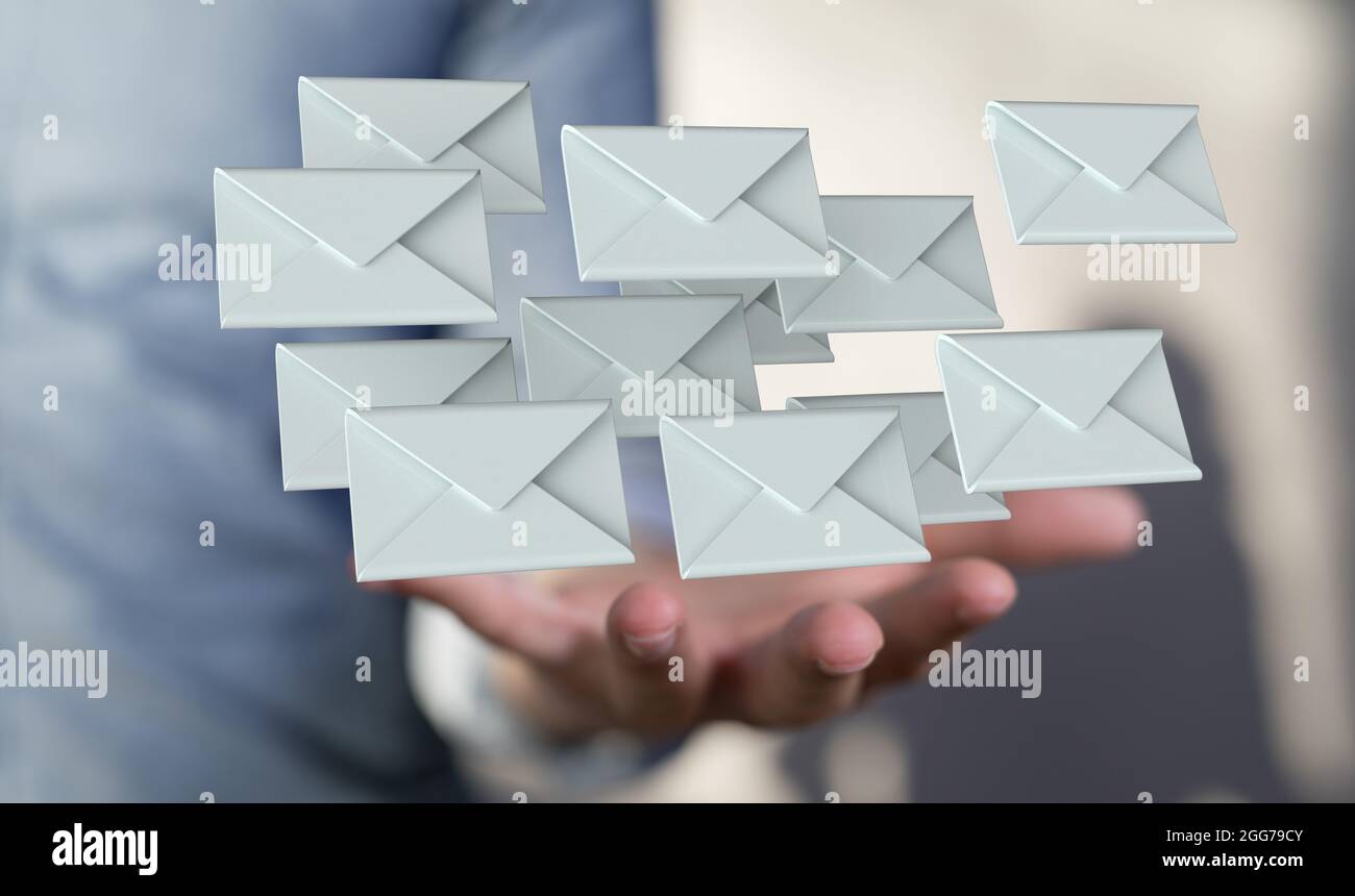 A network communications concept with floating letter signs on the hand ...