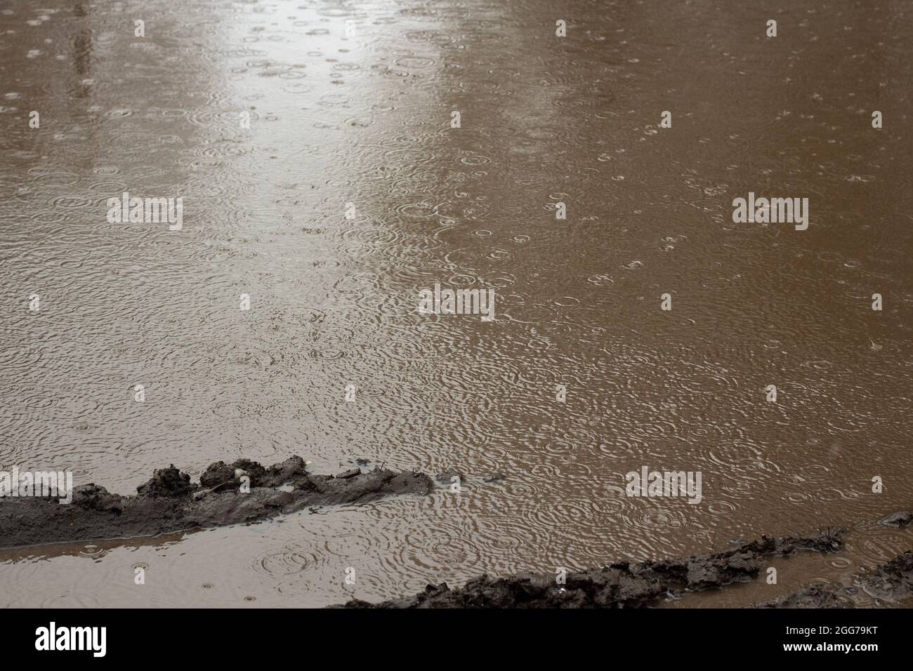 Dirt on the road and rain. Bad weather. Mud with a puddle. Raindrops on ...