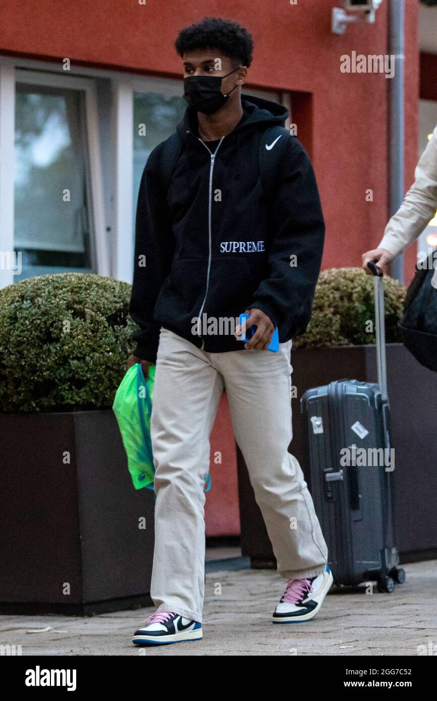 Stuttgart, Germany. 29th Aug, 2021. Player Karim Adeyemi at the arrival ...
