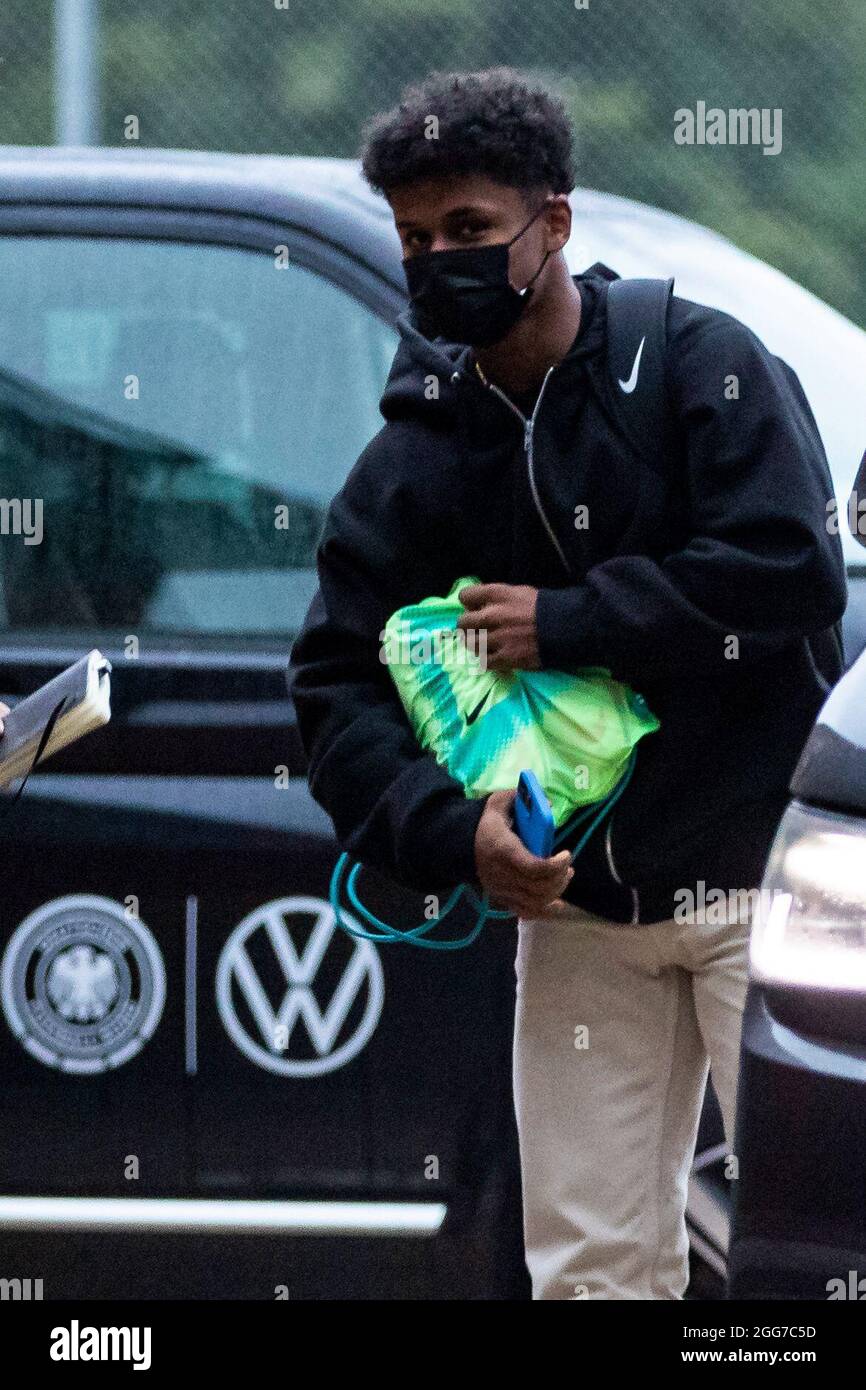 Stuttgart, Germany. 29th Aug, 2021. Player Karim Adeyemi at the arrival ...