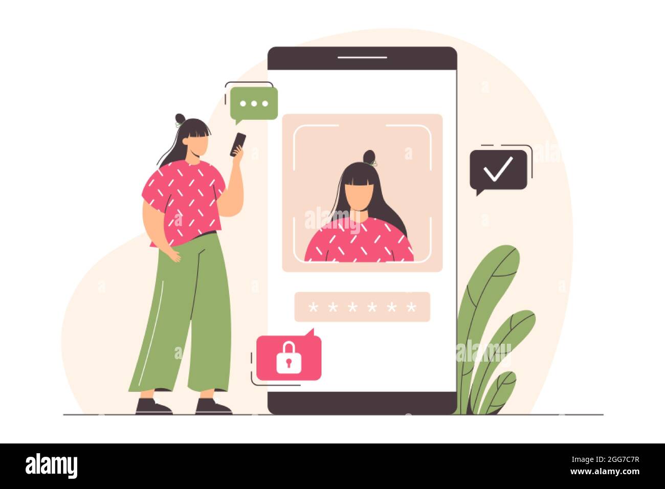 Face recognition technology or personal verification. Flat woman ...
