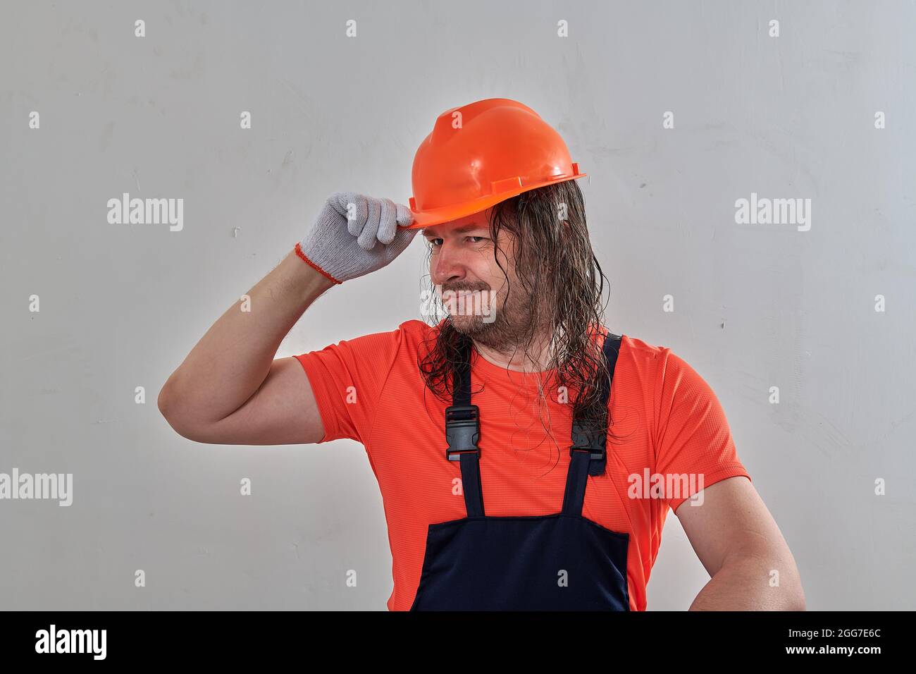 male construction worker having fun at construction site Stock Photo ...
