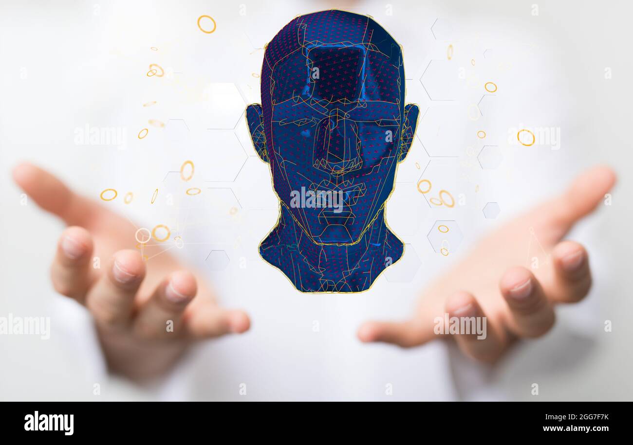 A 3D rendered sci-fi human head hovering over man’s palms Stock Photo - Alamy