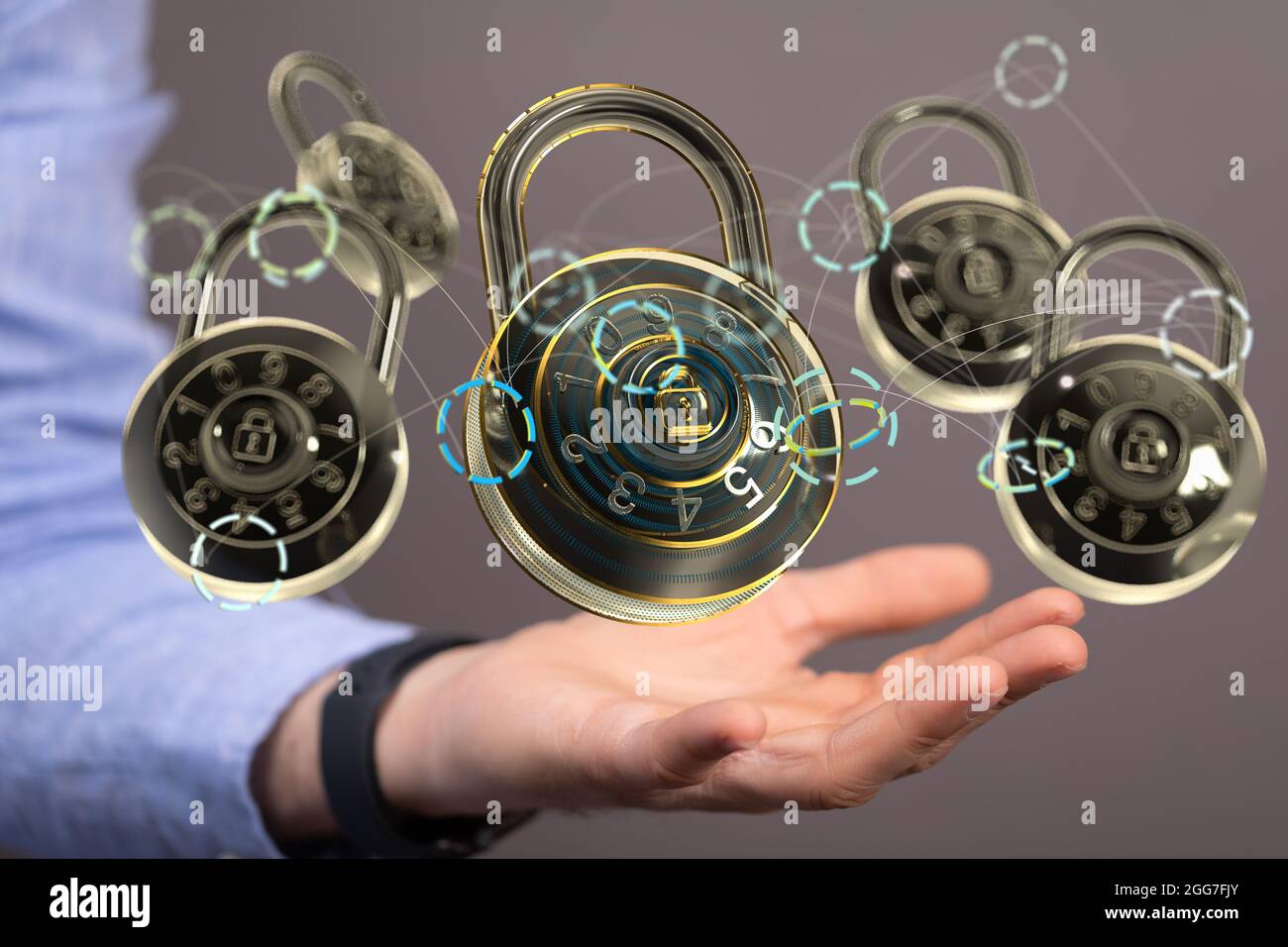 A digital concept of security with floating padlocks on a hand Stock Photo - Alamy