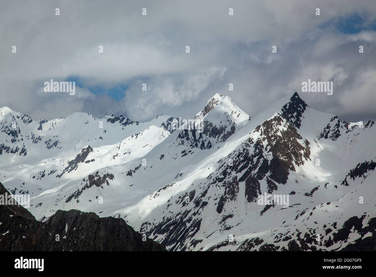 The cloudy sky over the snowy landscapes captured in high in the Alps ...