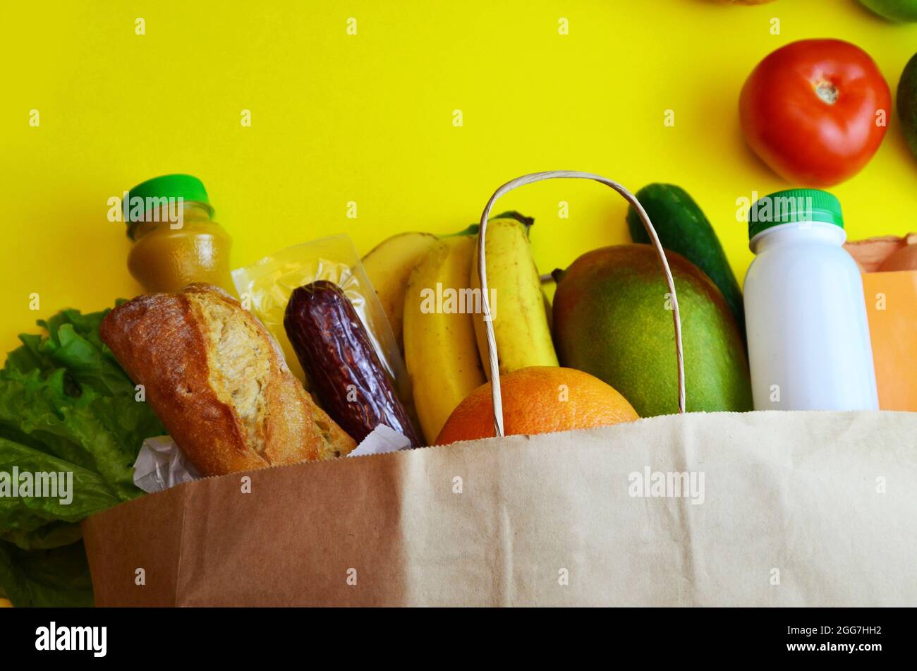 Healthy food in package of different fruits and vegetables, top view ...