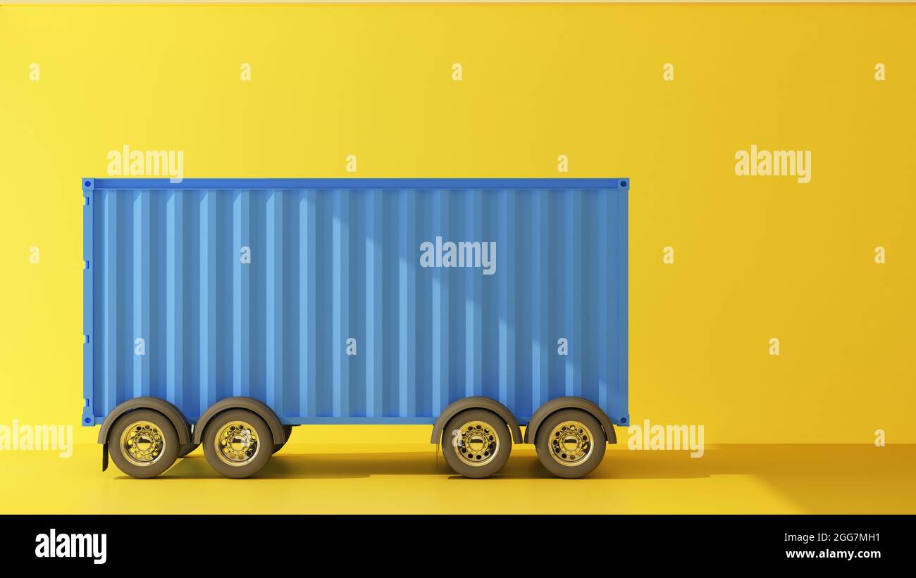 blue shipping container on wheels side view with copy space. 3d ...