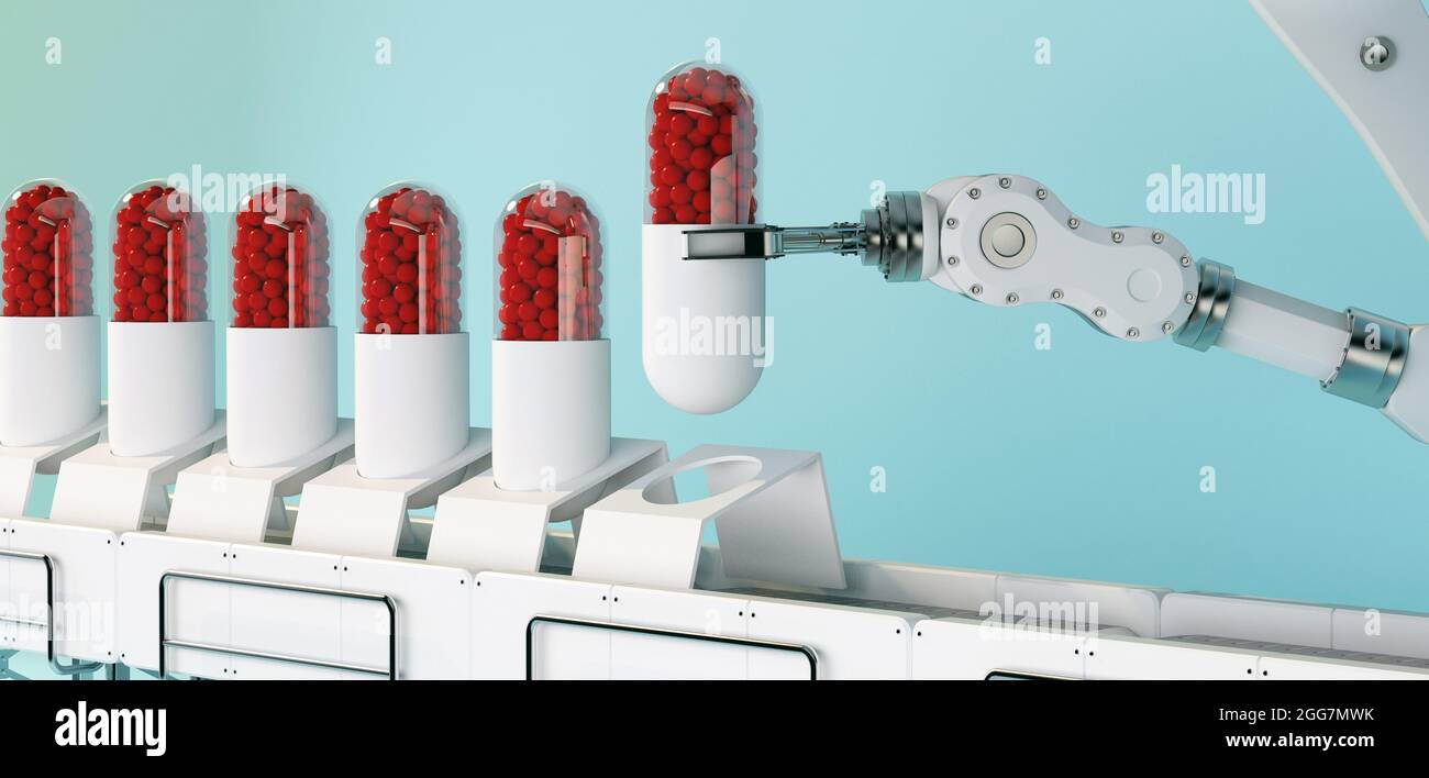robotic arm puts pill on the conveyor. 3d rendering Stock Photo - Alamy