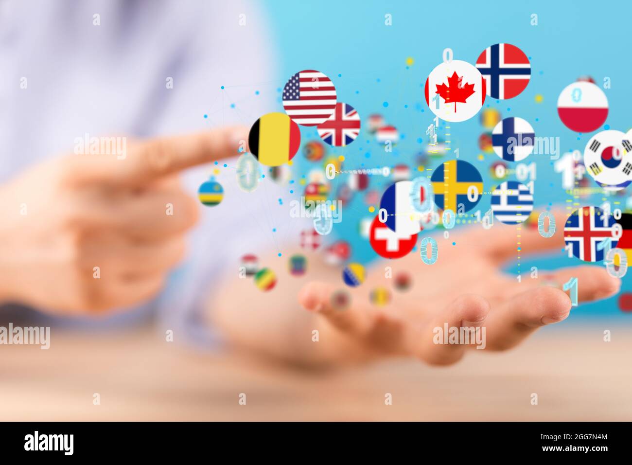 A person presenting the virtual projection of different flags global ...
