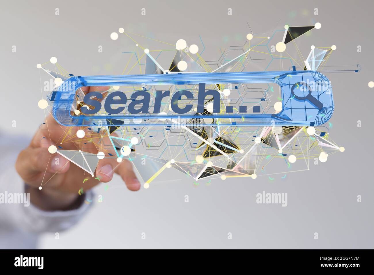 A 3D rendered digital search bar with a real person in the background ...