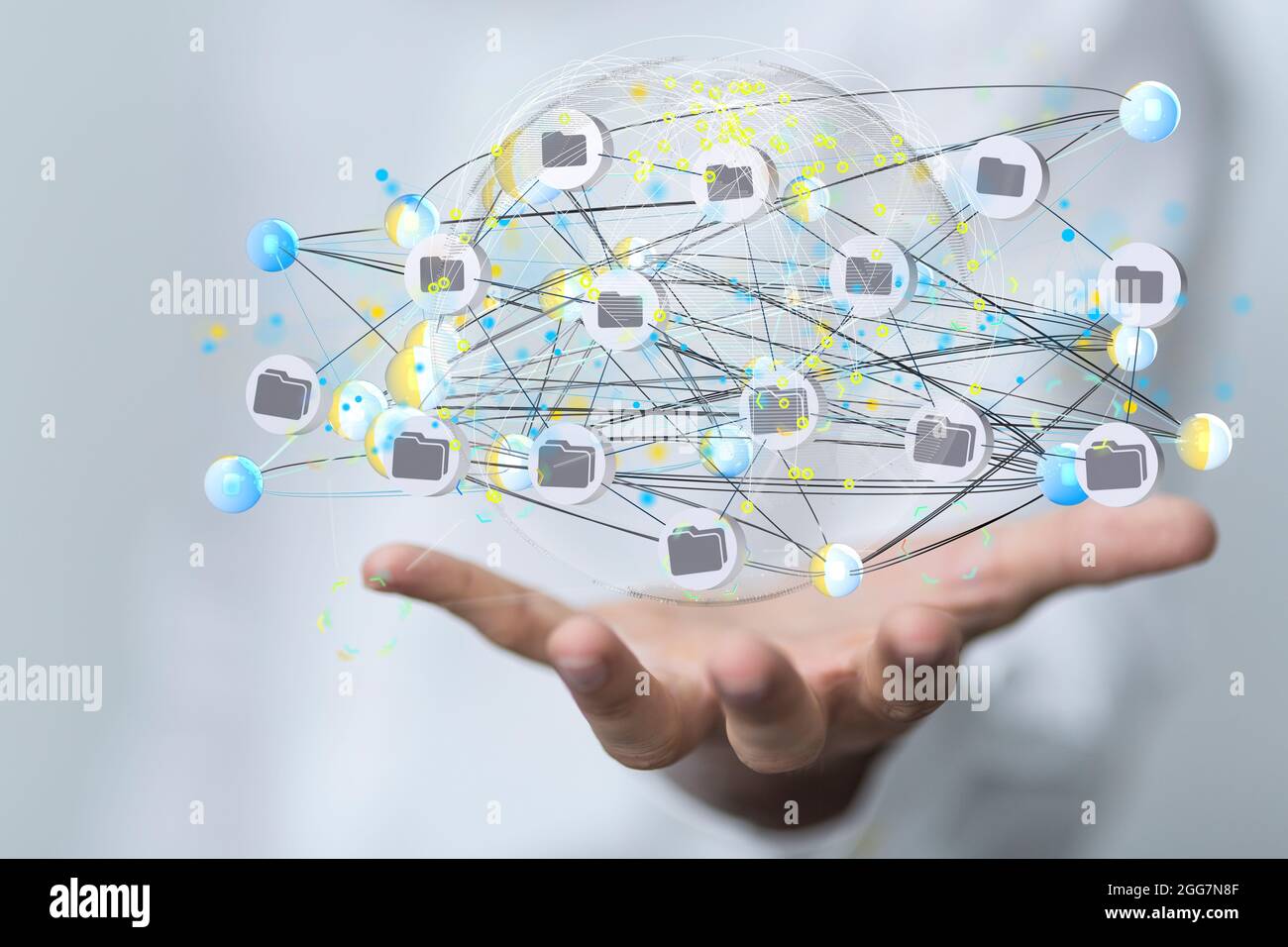 A 3D rendering of an abstract data network hovering over a man's palm Stock Photo - Alamy