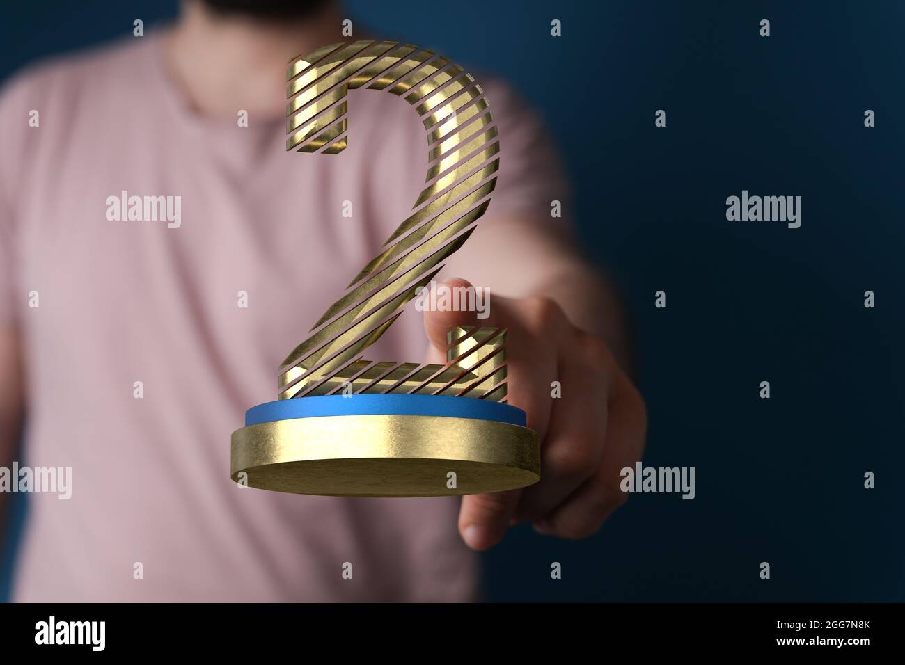 A 3D rendered 2nd place trophy with a real person in the background ...