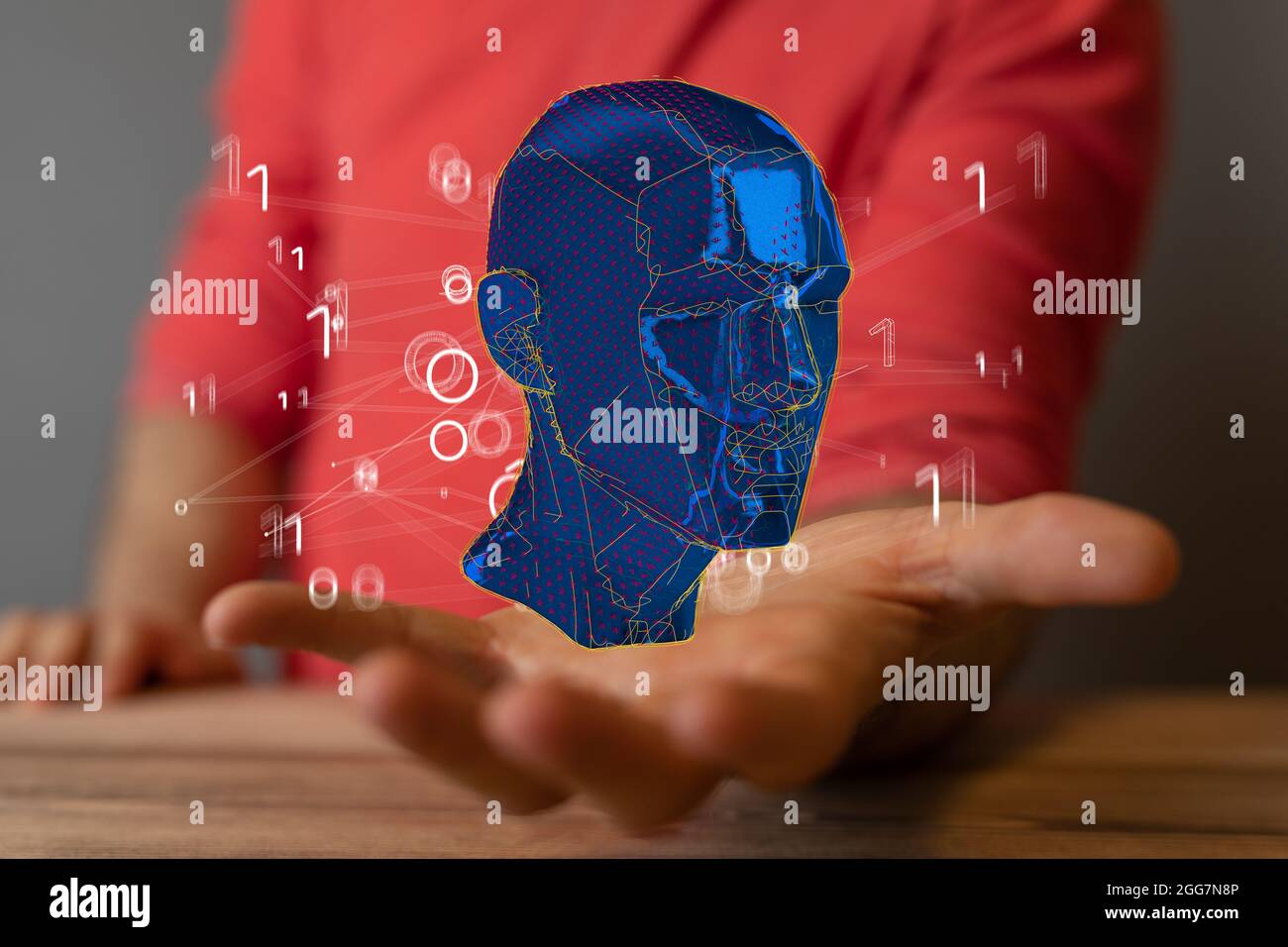 A 3D rendered sci-fi human head hovering over a man’s palm Stock Photo - Alamy